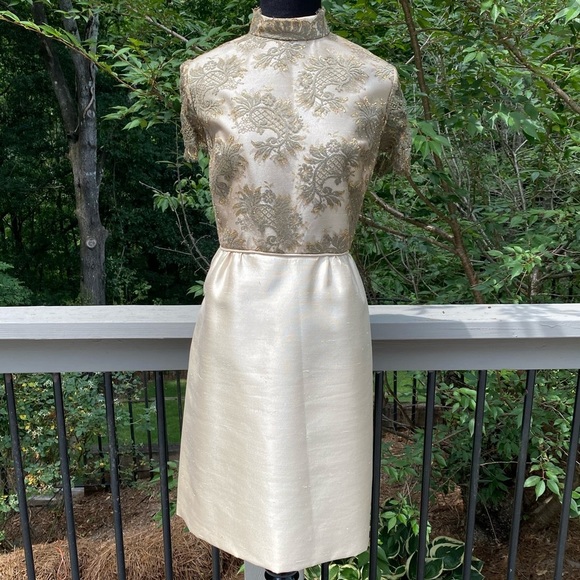 Vintage | Dresses | Vintage 5s 60s Union Label Gold Metallic Dress Lace ...